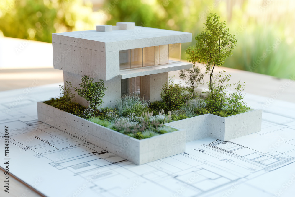 3D model of a contemporary, authentic building block mock-up with a ...