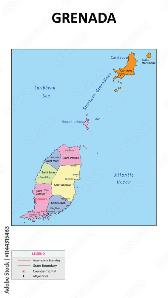 Grenada Map. State and union territories of Grenada with neighbouring ...