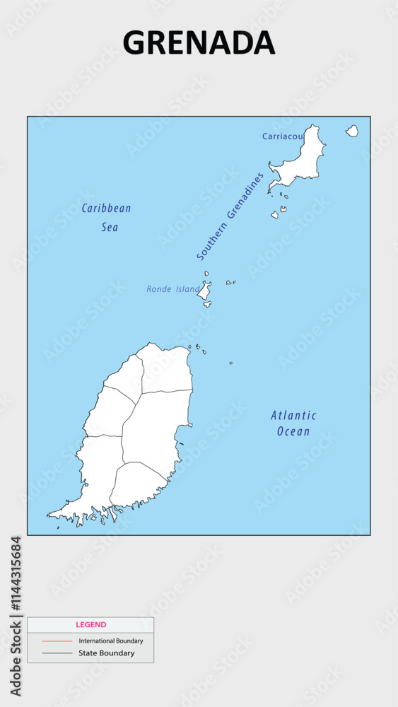 Grenada Map. Political map of Grenada with state border in outline. Political map of Grenada ...