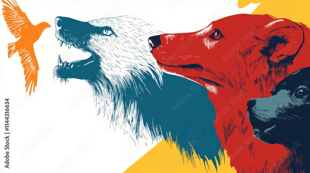 Artistic Representation of Animal Life Featuring a Stylized Wolf, Dog ...