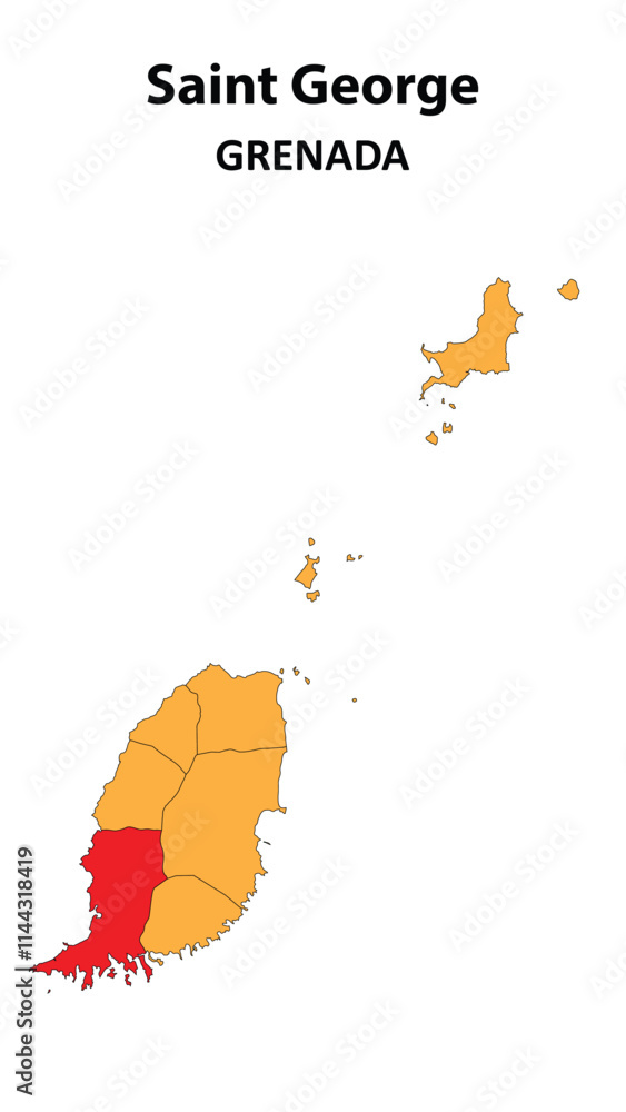 Saint George Map is highlighted on the Grenada map with detailed state and region outlines ...