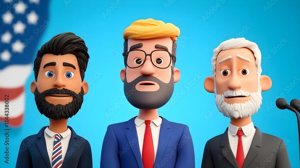 Three Cartoon Characters Representing Diverse Political Figures with a ...
