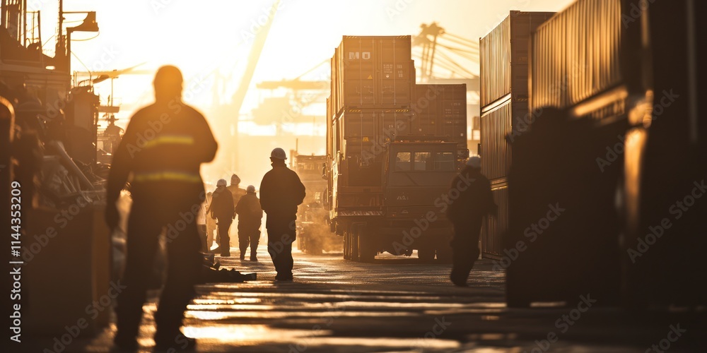 group of workers transporting a large shipping container, showcasing ...