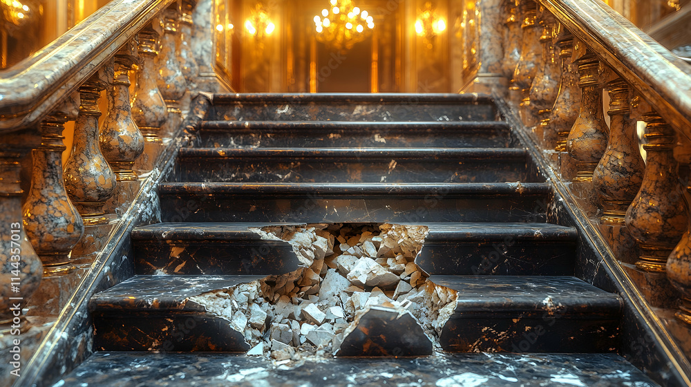 Damaged grand staircase in a historic building; marble steps broken and ...