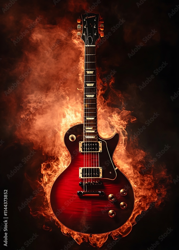 Electric Guitar in Flames: A fiery red electric guitar burns with ...