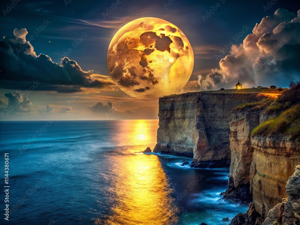 Majestic Full Moon Night Sea Cliff, Ocean Moonrise, Night Seascape, AI ...