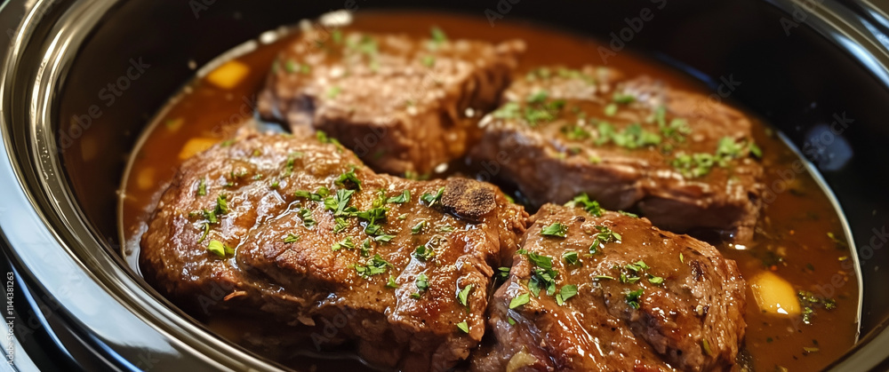 Tender Juicy Slow-Cooked Beef Steaks in Gravy Highlighted with Fresh ...