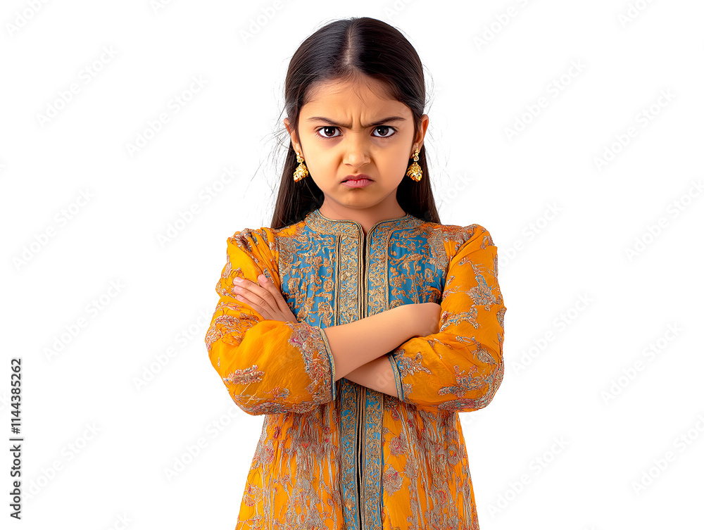 Angry little girl in traditional Indian outfit with crossed arms. Close ...