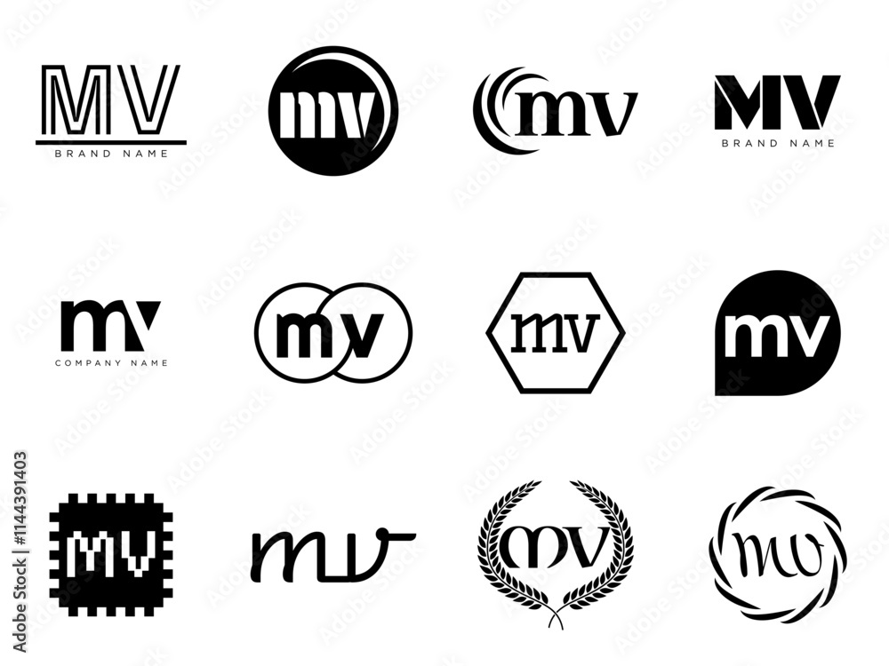 MV logo company template. Letter m and v logotype. Set different ...