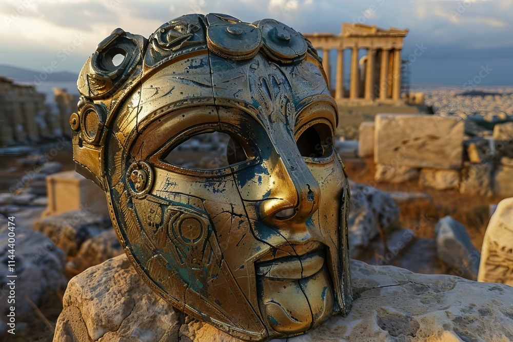 Golden theatrical mask representing the emotions of tragedy in ancient ...