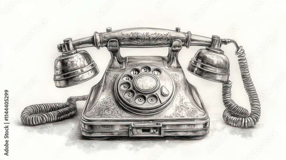 Vintage rotary phone drawing, antique communication device, metallic ...