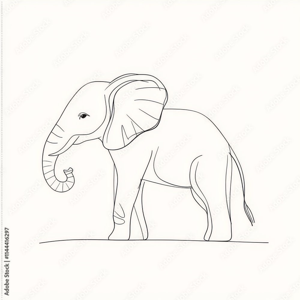 This black-and-white drawing features an elephant with its trunk up ...