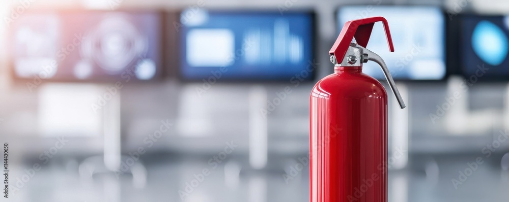 A red fire extinguisher stands prominently in focus with blurred ...