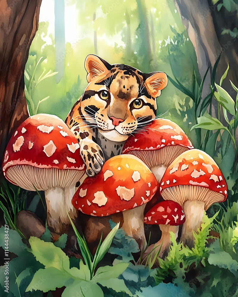 Playful Clouded Leopard Cub Amongst Mushrooms in Sun-Dappled Forest ...