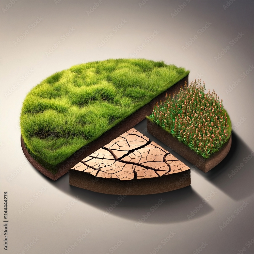 Isometric diagram, 1st segment - grass, 2nd plants, 3rd - dry ground ...