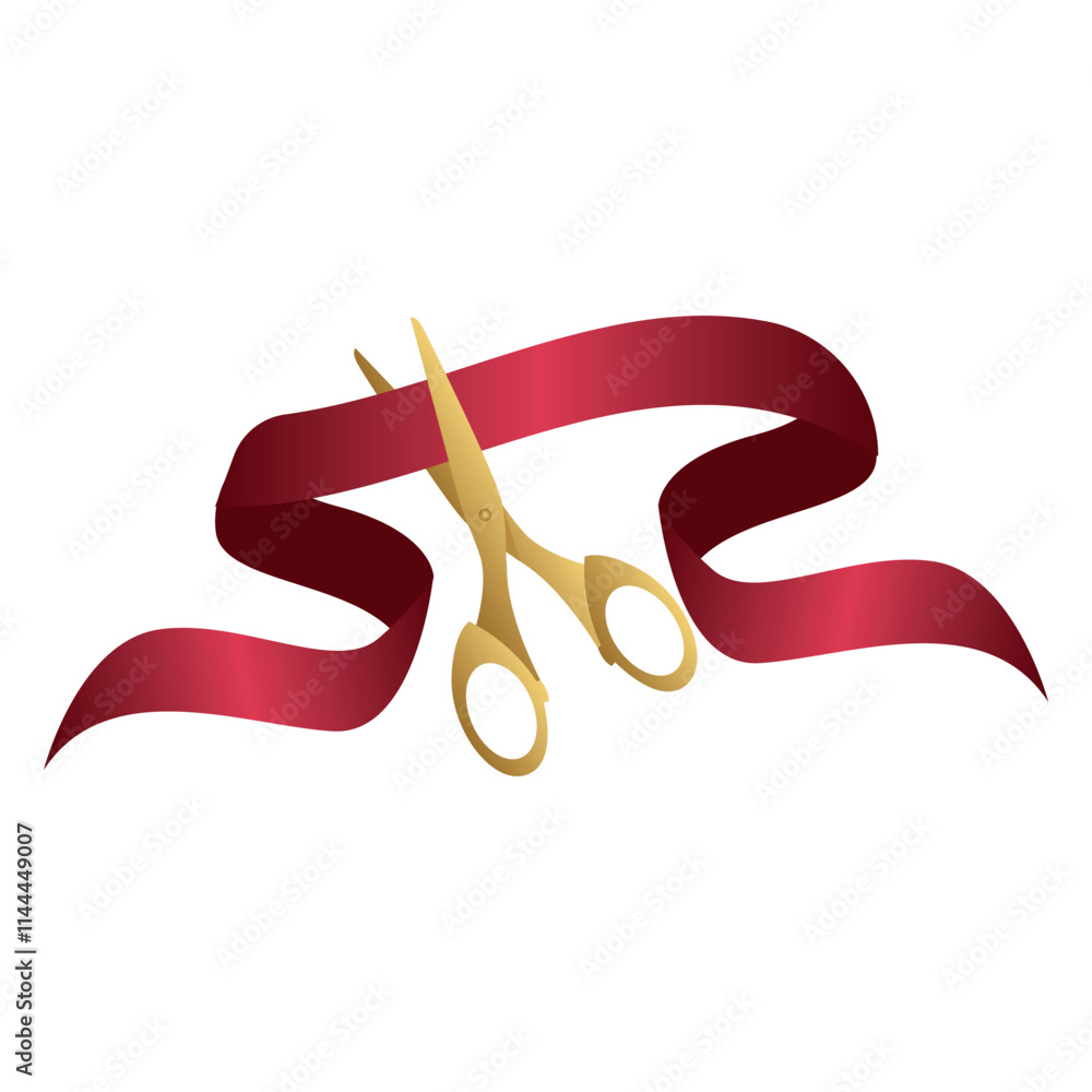 Grand opening design with ribbon, balloons and gold scissors, confetti ...