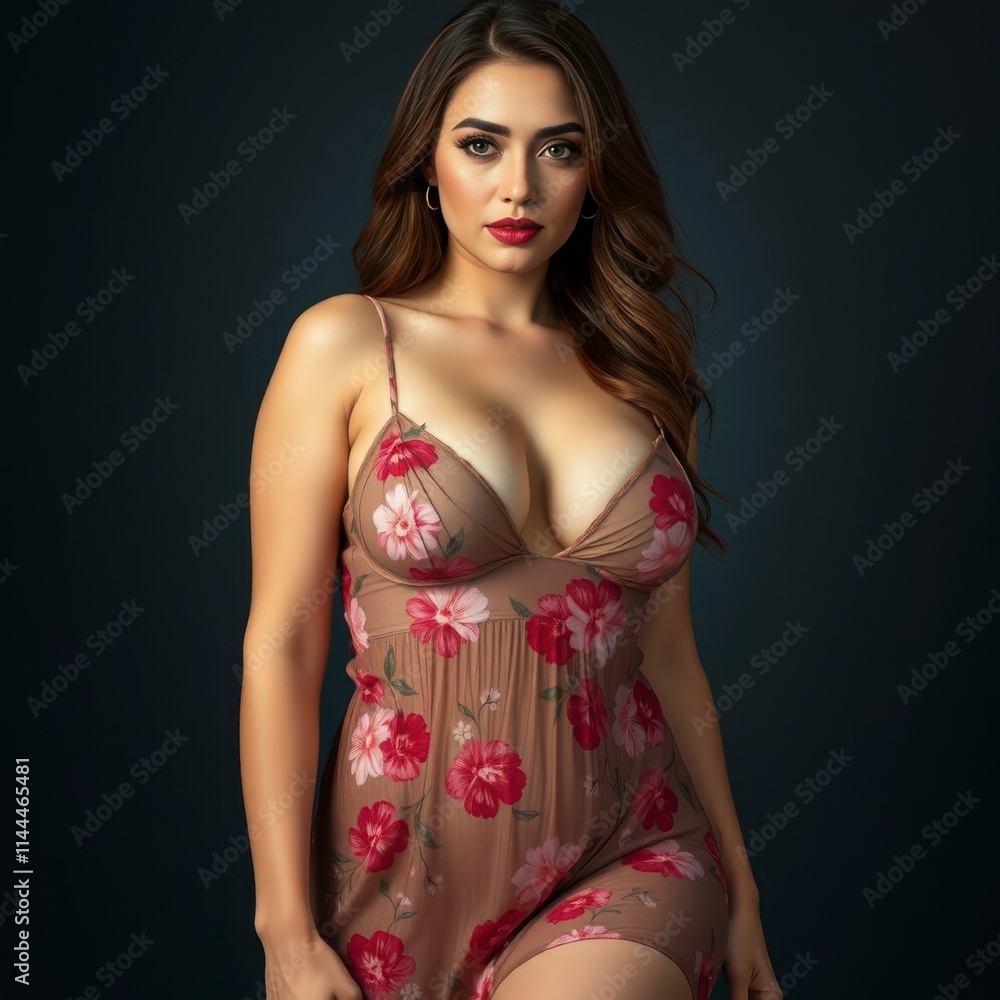 Sensual model with perfect curves in a stylish see-through floral ...