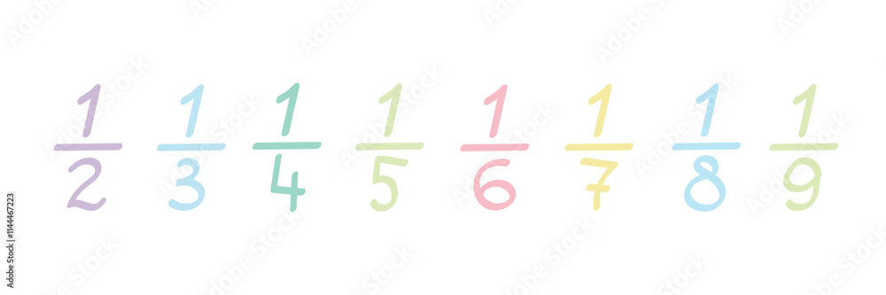 Unit fraction numbers collection.Hand drawn numbers. Half, third ...