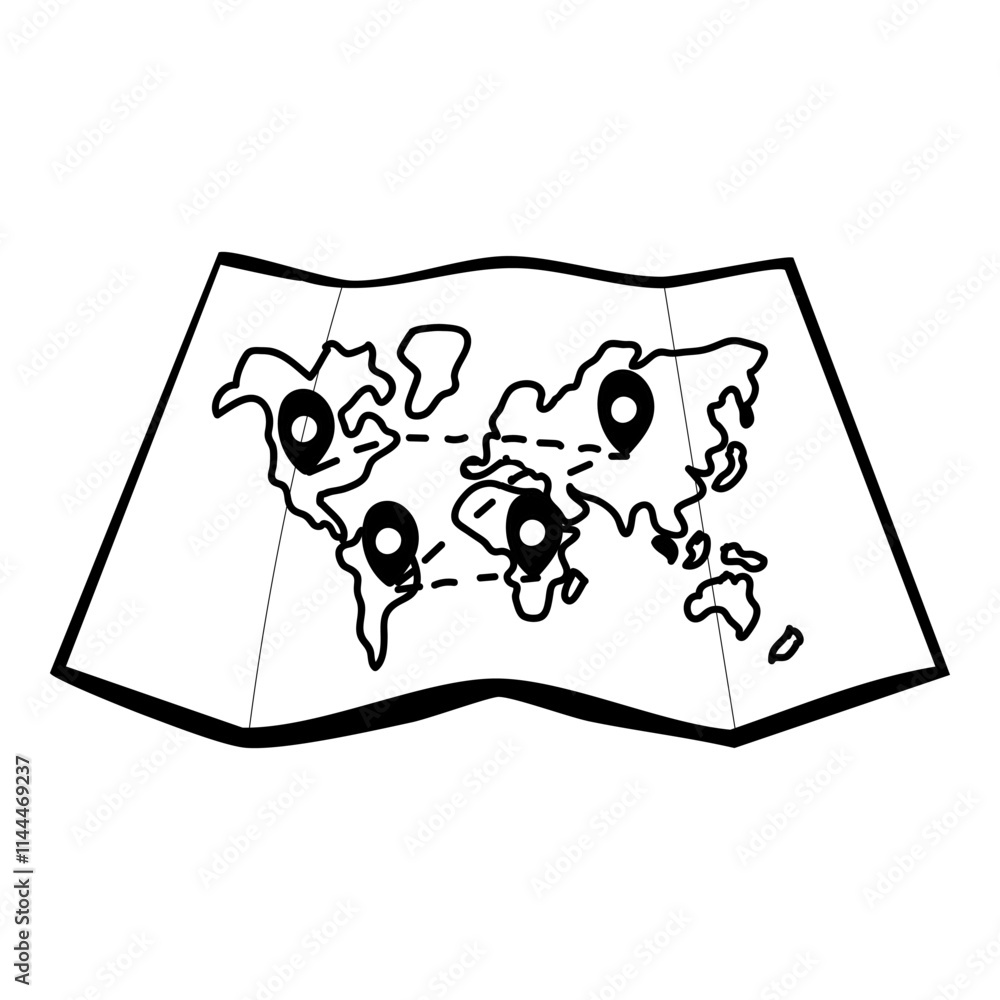 Doodle map illustration with marked locations using pins and dotted ...