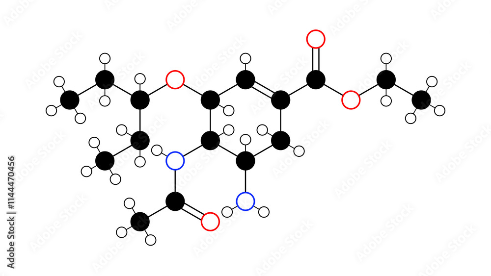 oseltamivir molecule, structural chemical formula, ball-and-stick model ...