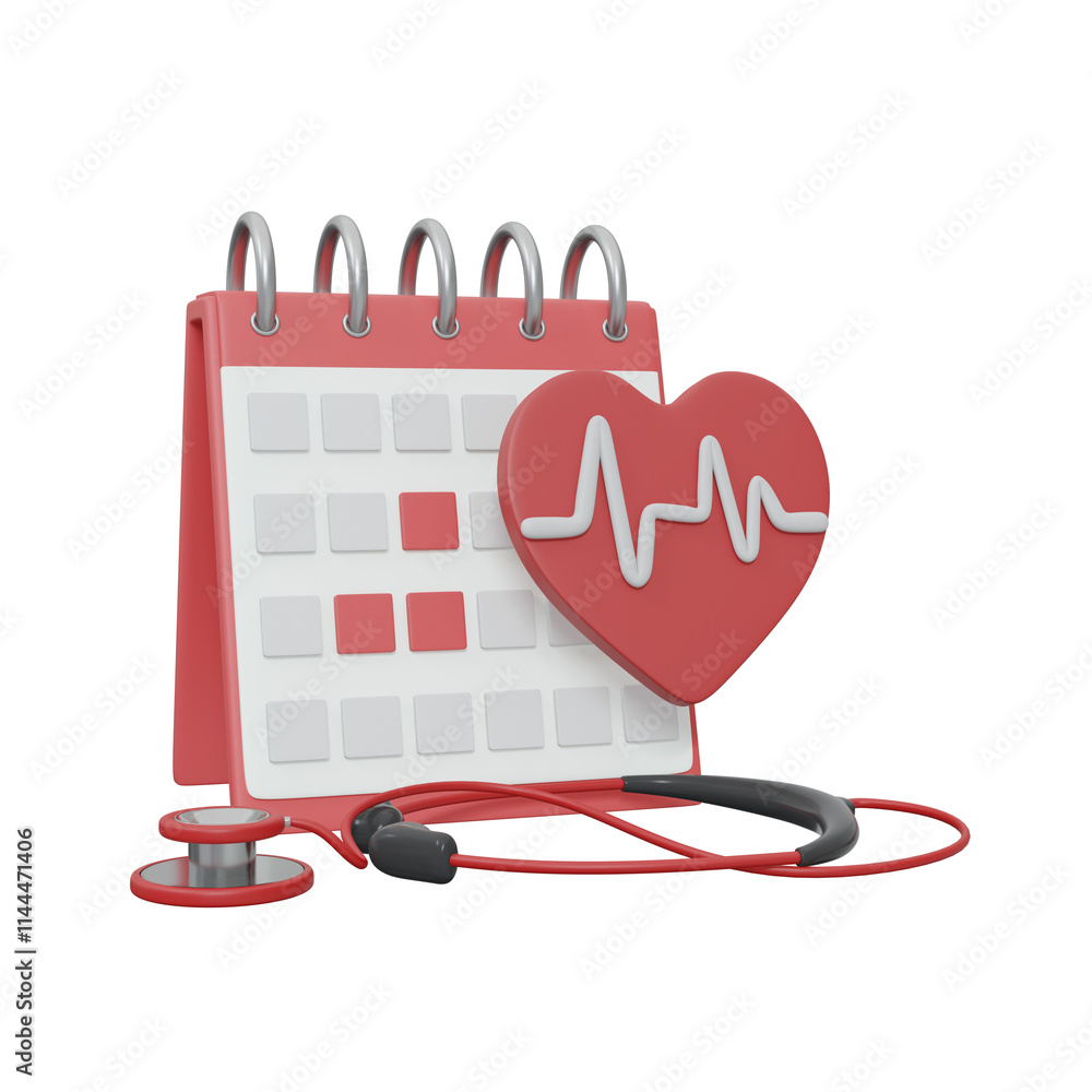 3D rendered illustration of a red calendar icon with a heart with an ...