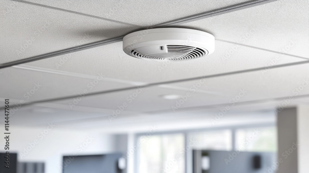 Ceiling-mounted smoke detector in a modern office space ensuring safety ...