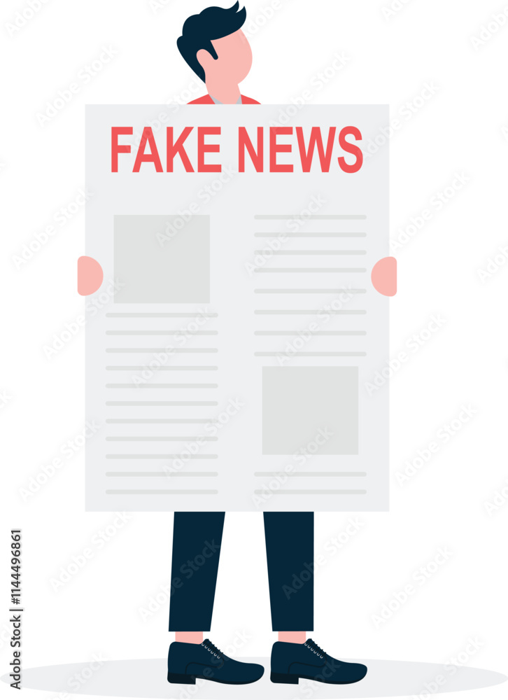 Vector de Stock A man sits reading a newspaper with fake news written ...
