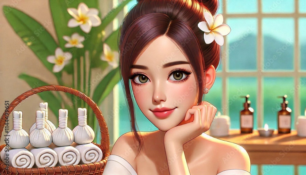 Cartoon close up of charming woman with perfect skin during spa ...