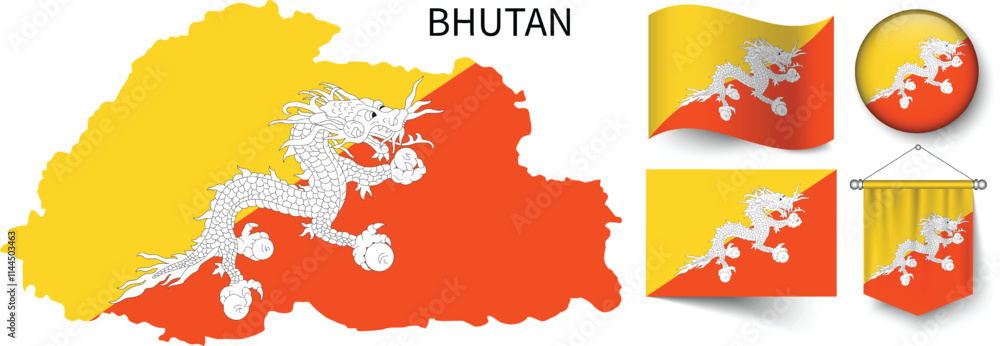 The various patterns of Bhutan national flags and the map of Bhutan's ...