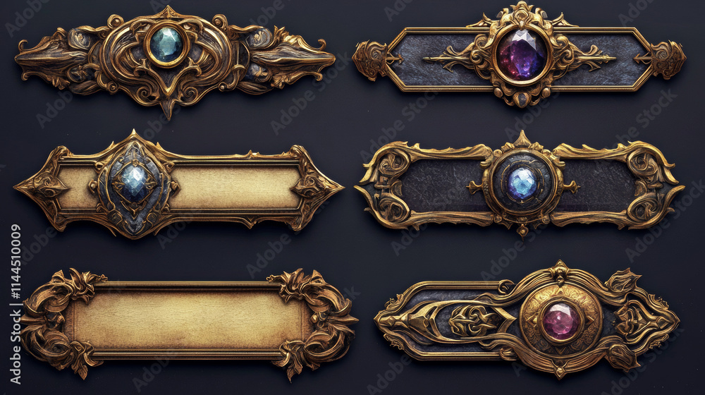 Cartoon set of square golden game rank frames isolated on background ...