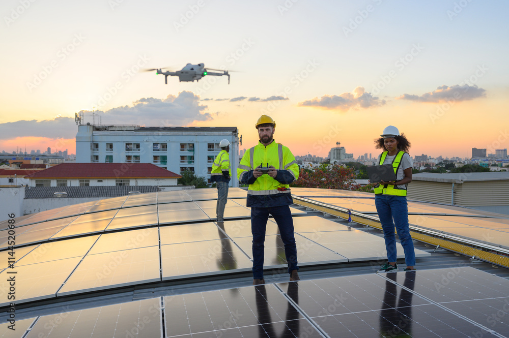 A team of engineers flies a drone to plan the installation of an ...