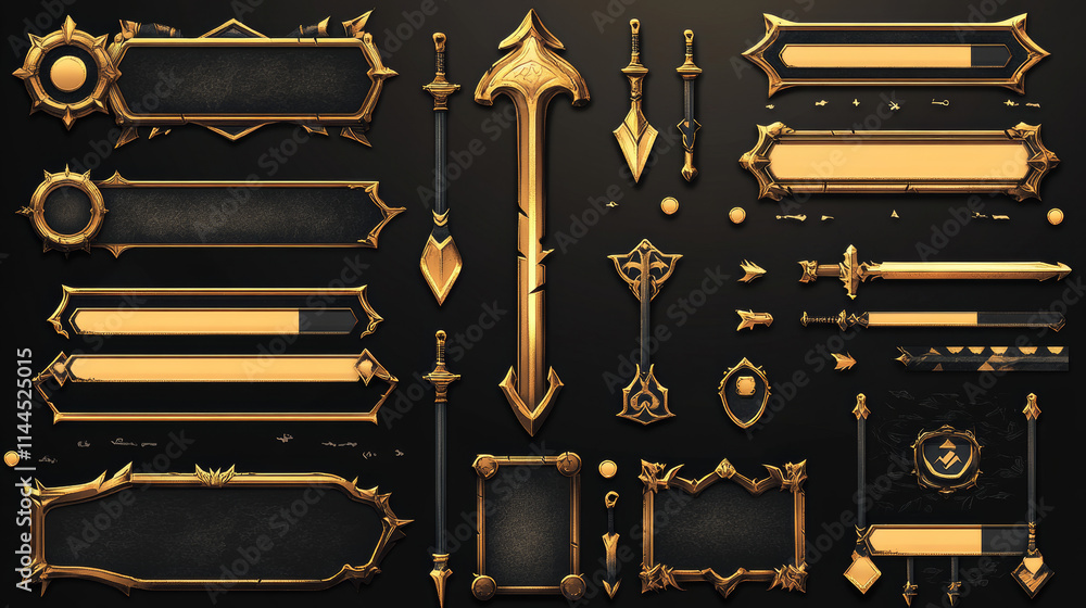 Stock-Illustration „Game UI elements with gold frames in medieval style. Buttons, banners ...