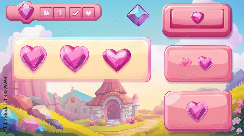 Diamond game ui buttons, pink crystal progress bar, Cartoon menu ...