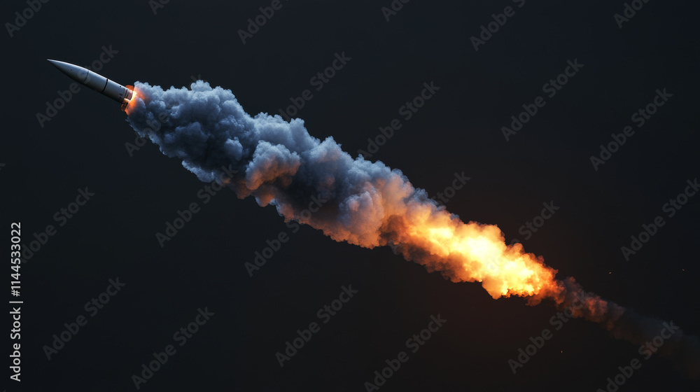 Missile effect, rocket fire trails with black smoke, spacecraft startup ...