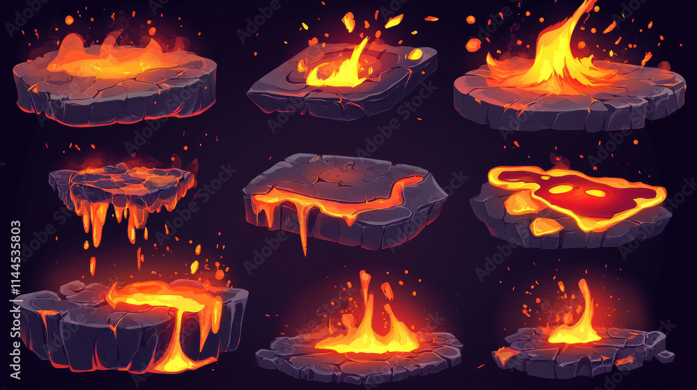 Fire and lava game effect. Magma and rock cartoon ui 2d set. Magic ...