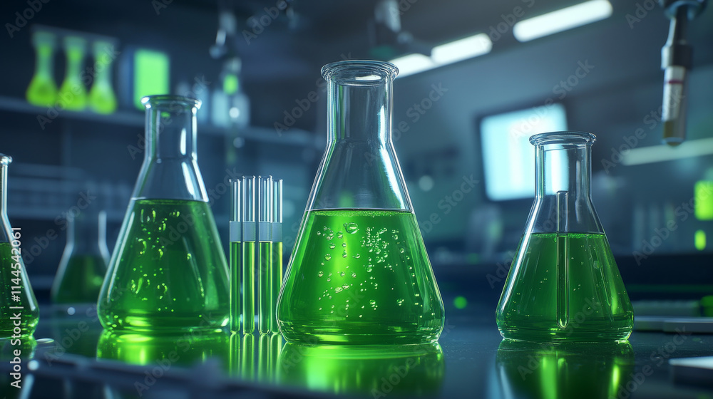 Medical lab banner with flasks isolated on background. Vector realistic ...