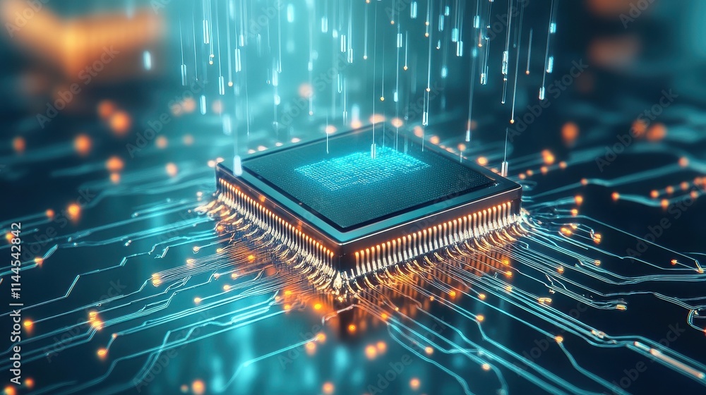 Floating futuristic quantum chip surrounded by binary rain effect ...