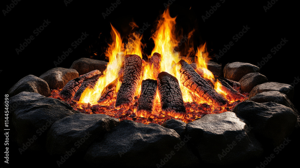 Cartoon burning camp fire flames with, campfire with woods and long ...