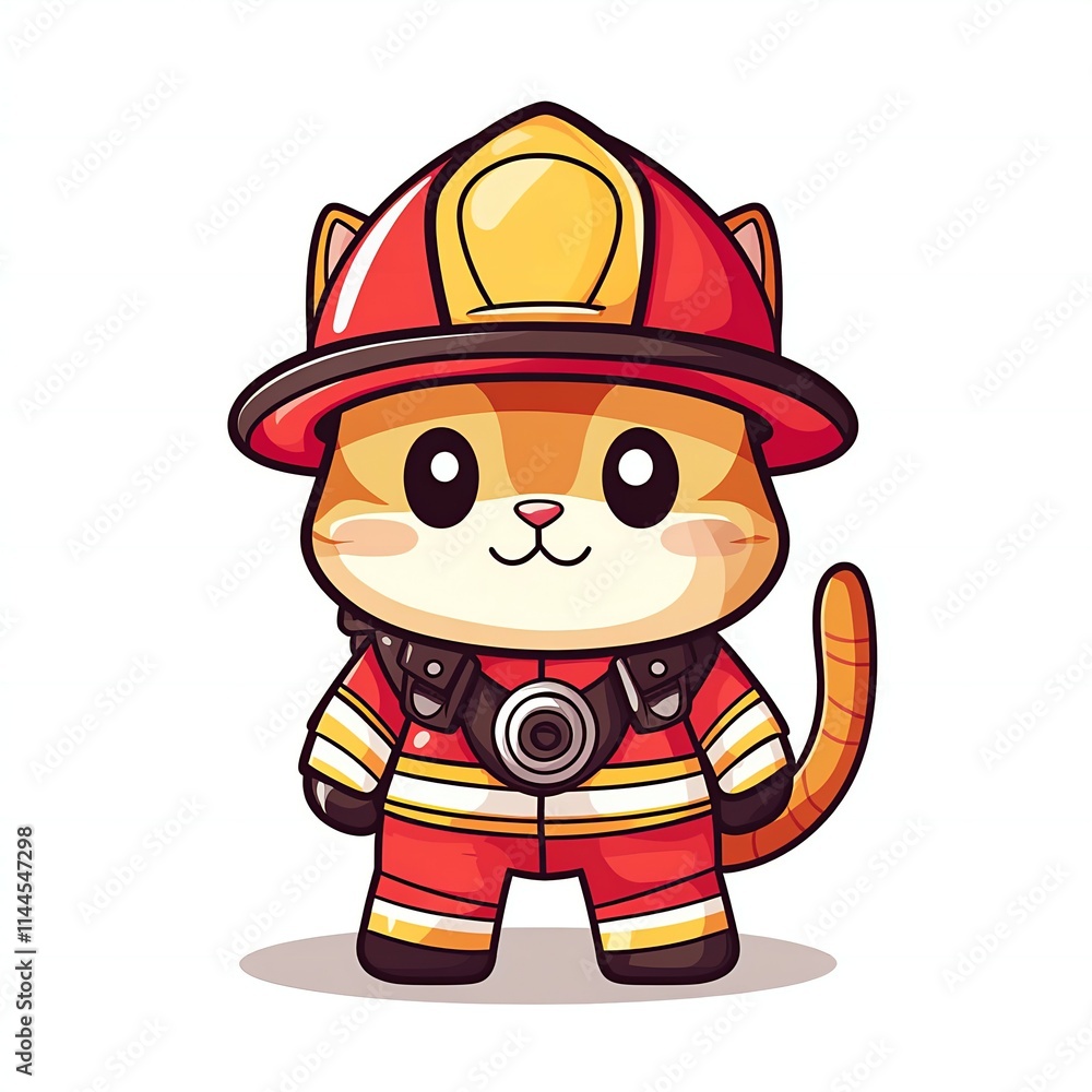 Kawaii 2D cartoon vector cat dressed as a firefighter with a helmet and ...