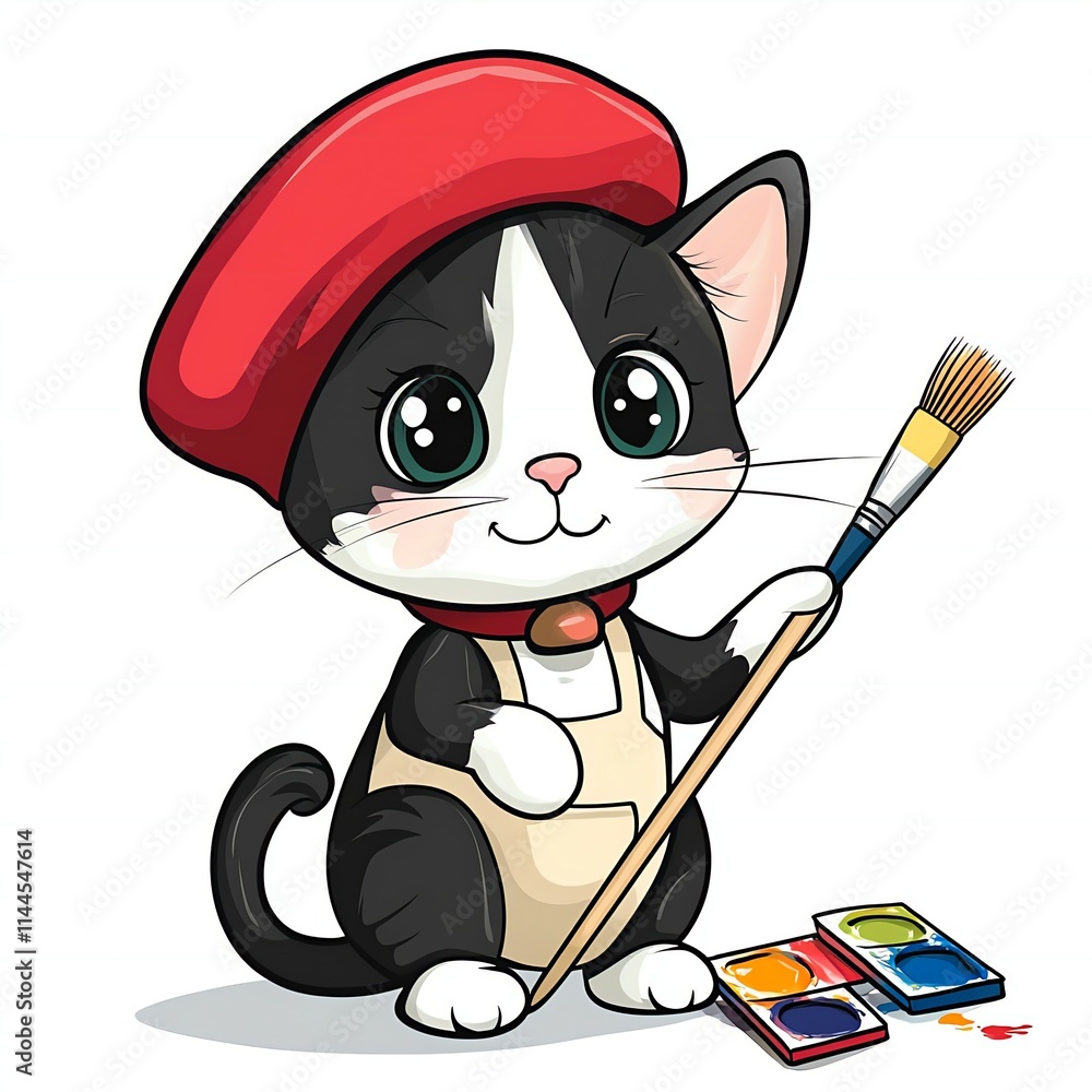 Kawaii 2D cartoon vector cat dressed as an artist with a beret and ...