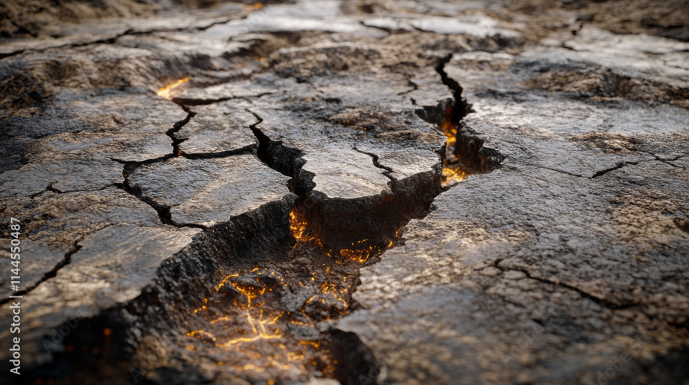 Lava in ground cracks, volcano magma glow texture in cracking holes ...