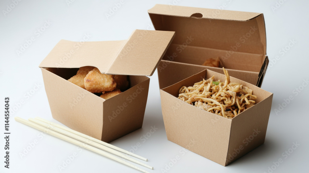 Brown Wok box and chopsticks, craft paper packaging for chinese food ...