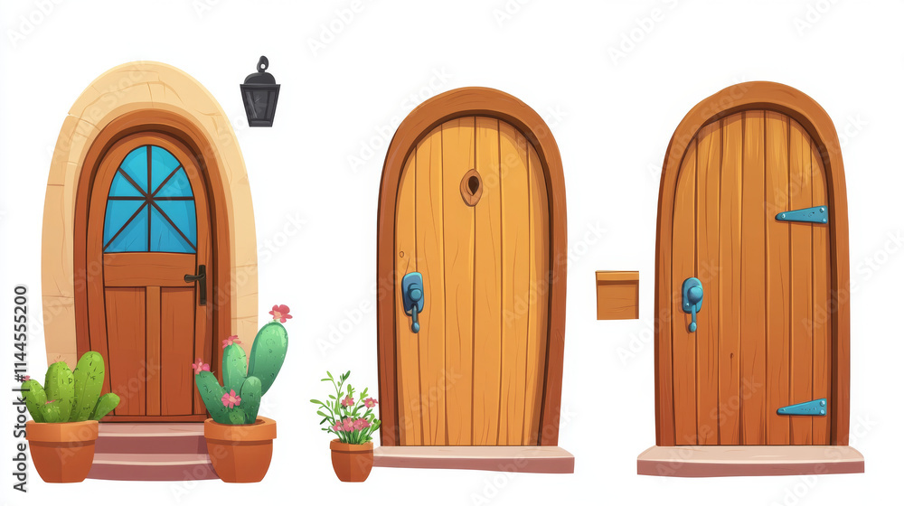Door opening process steps. Cartoon vector illustration set of wooden ...