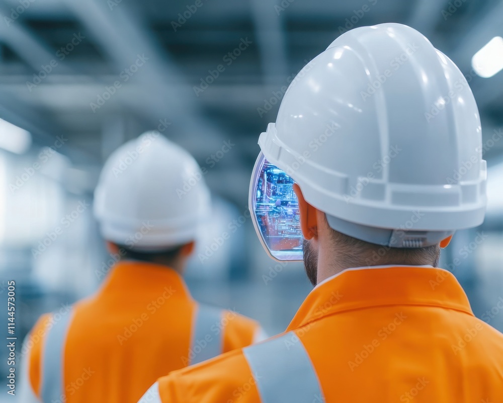 Two construction workers in orange safety uniforms and helmets observe ...