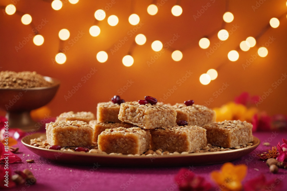 Indian sweets with rice, sugar, ghee and nuts with lights on background ...