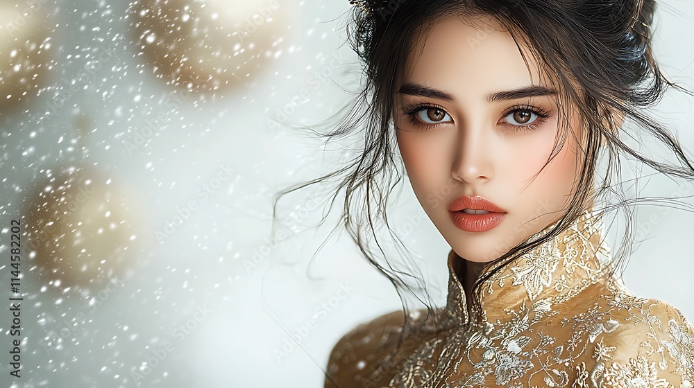 A refined woman in a couture golden dress with detailed embroidery and ...