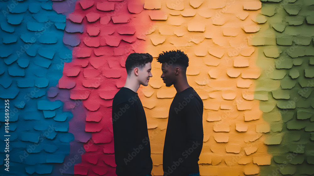 Gay couple kissing, portrait photo of two Man in a relationship and ...
