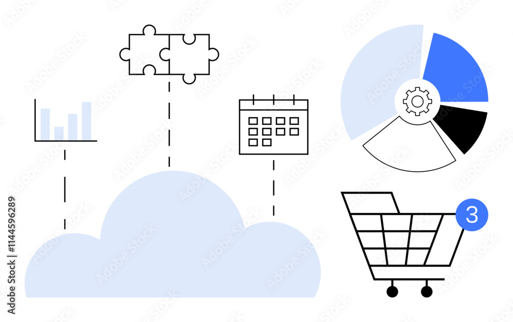 Cloud linking to a bar chart, puzzle pieces, calendar, pie chart, and shopping cart. Ideal for ...