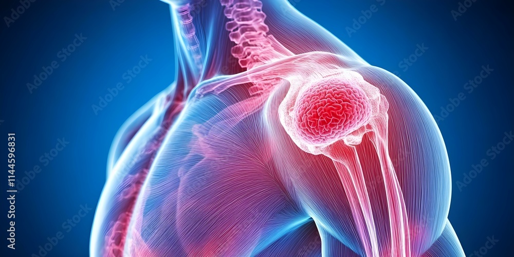 An anatomical illustration of a human shoulder joint, showcasing ...