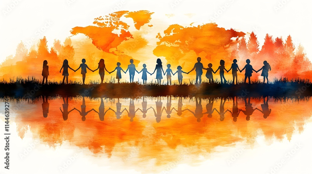 Watercolor illustration of children holding hands around the world ...